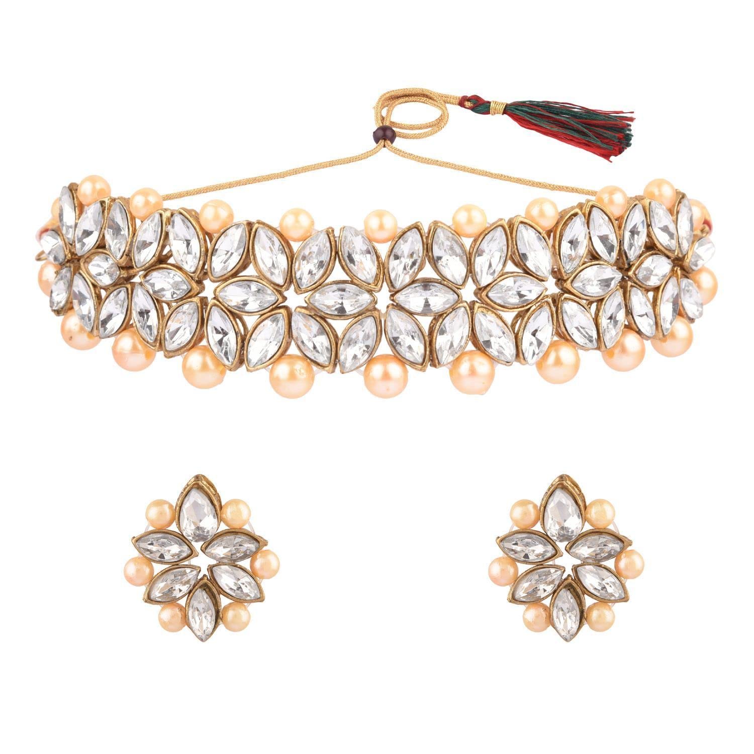 Efulgenz Crystal Pearl Choker Necklace Indian Jewelry Sets for Women Indian Jewelry Faux Pearl Floral Crystal Choker Necklace Stud Earrings Bollywood Wedding Choker Necklace for Women
