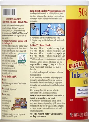 Earth's Best Organic Baby Formula for Babies 0-12 Months, Powdered Dairy Infant Formula with Iron, Omega-3 DHA, and Omega-6 ARA, 32 oz Formula Container