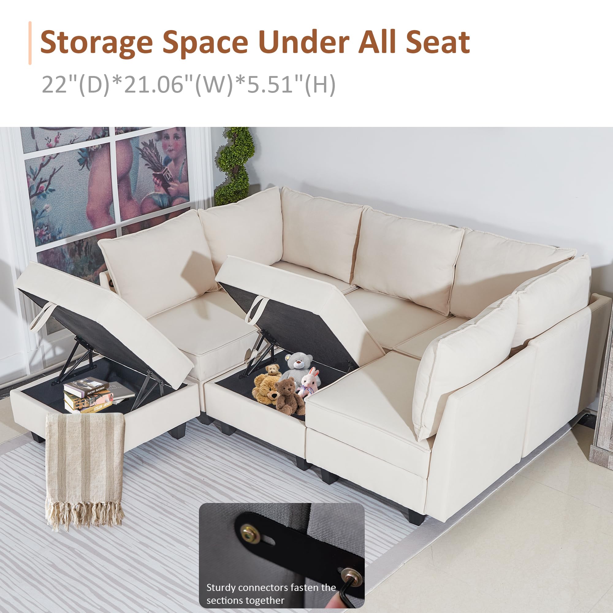 Neylory Modular U-Shaped Sectional Sofa, Oversized 7 Seater Sectional Couch with Storage Seat & Ottoman, Convertible Sleeper Sofa for Living Room, Beige