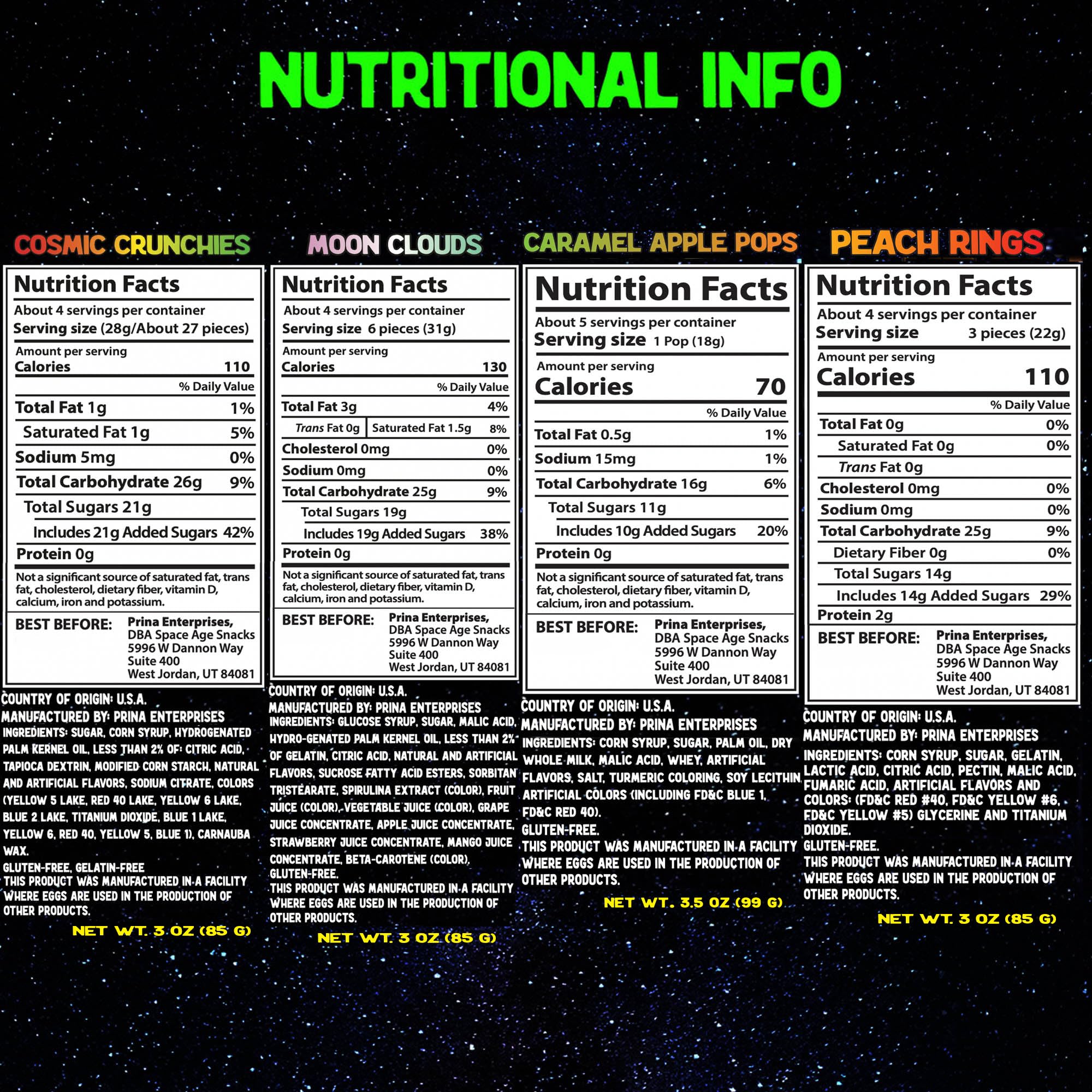 Freeze Dried Candy Variety Pack - Small Sample Pack with 4 Kinds of Freeze Dried Candy - Freeze Dried Cosmic Crunchies, Peach Rings, Moon Clouds and Caramel Apple Comets Shipped in Box for Protection