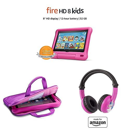 Fire HD 8 Kids Tablet, 8" HD Display (32 GB, Pink) + Zipper Sleeve (Purple) + Pink PlayTime Bluetooth Headset