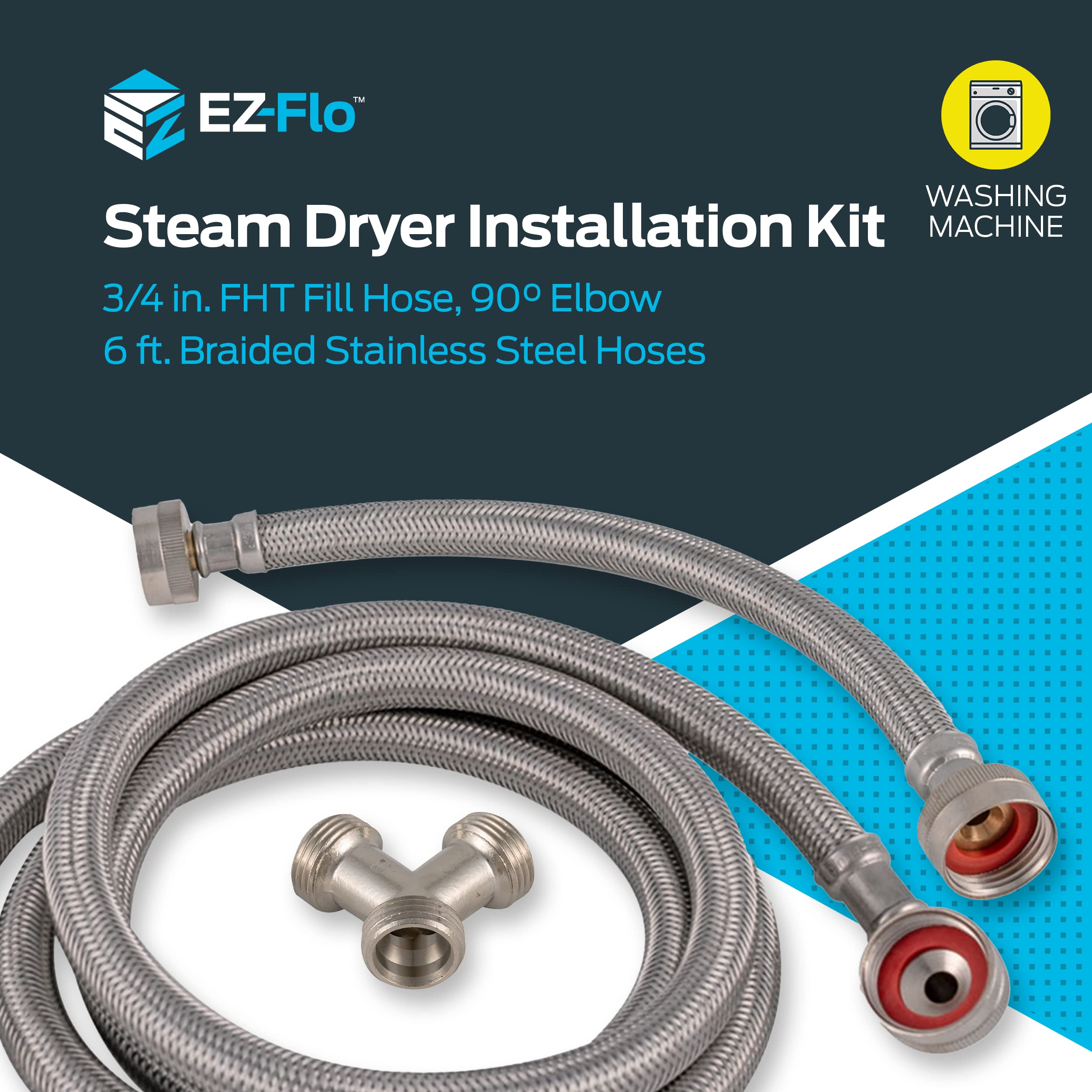 Eastman Steam Dryer Installation Kit, 3/4 Inch FHT Fill Hose, 90 Degree Elbow, 6 ft Braided Stainless Steel Hoses, 41025