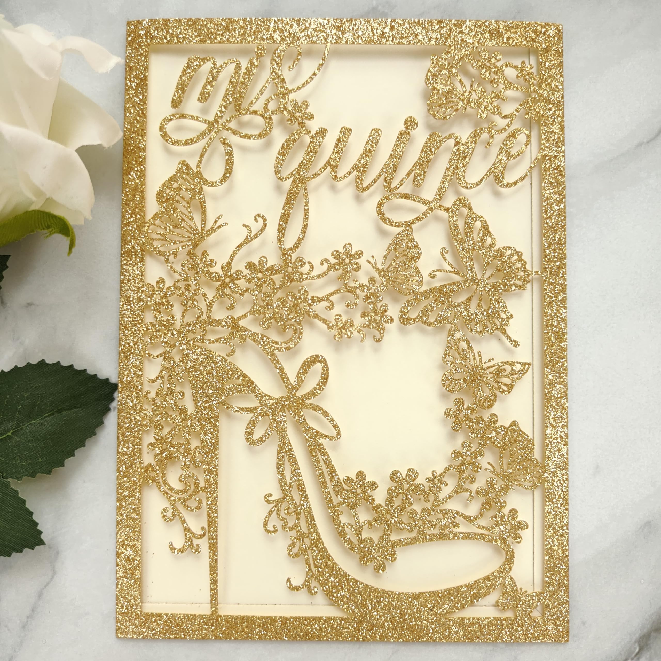 JOACHUUY 20PCS Personalized laser cut quinceanera invitations,Pocket Quinceanera invitation SVG, DXF, PNG,15 year,sweet sixteen invitations,Bridal shower invitations. (glitter gold)