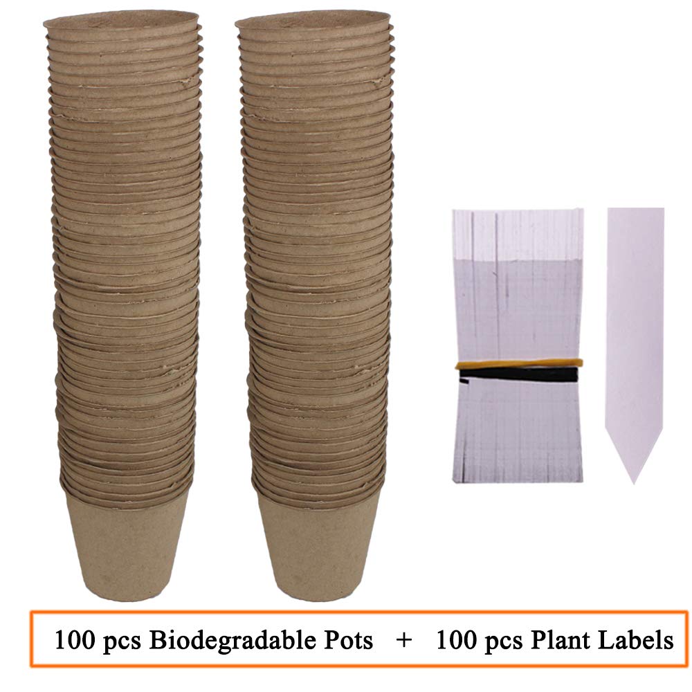 Huvai 100 Pack 3.15" Round Biodegradable Peat Pots Plant Seedling Saplings & Herb Seed Starters Kit with 100 Pcs White Plastic Plant Labels