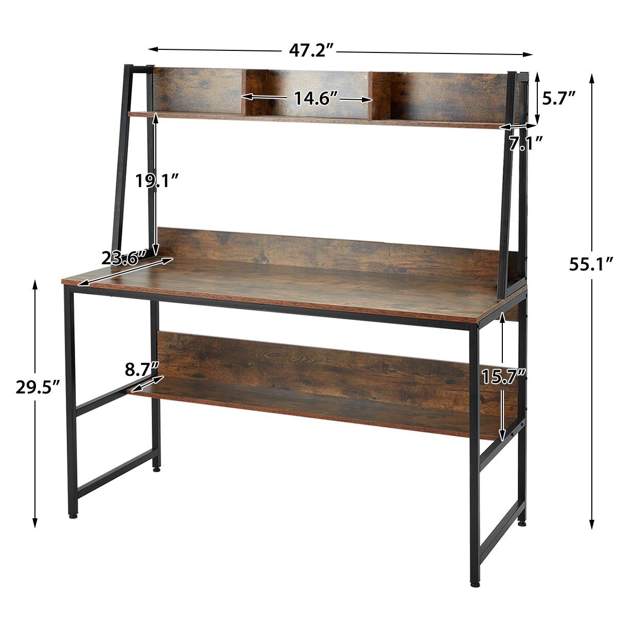 EROMMY 47 Inch Computer Desk with Hutch and Bookshelf,Space-Saving Writing Study Desk with Storage Shelves,Home Office Desk Study Workstation for Home,Office, Rustic Brown