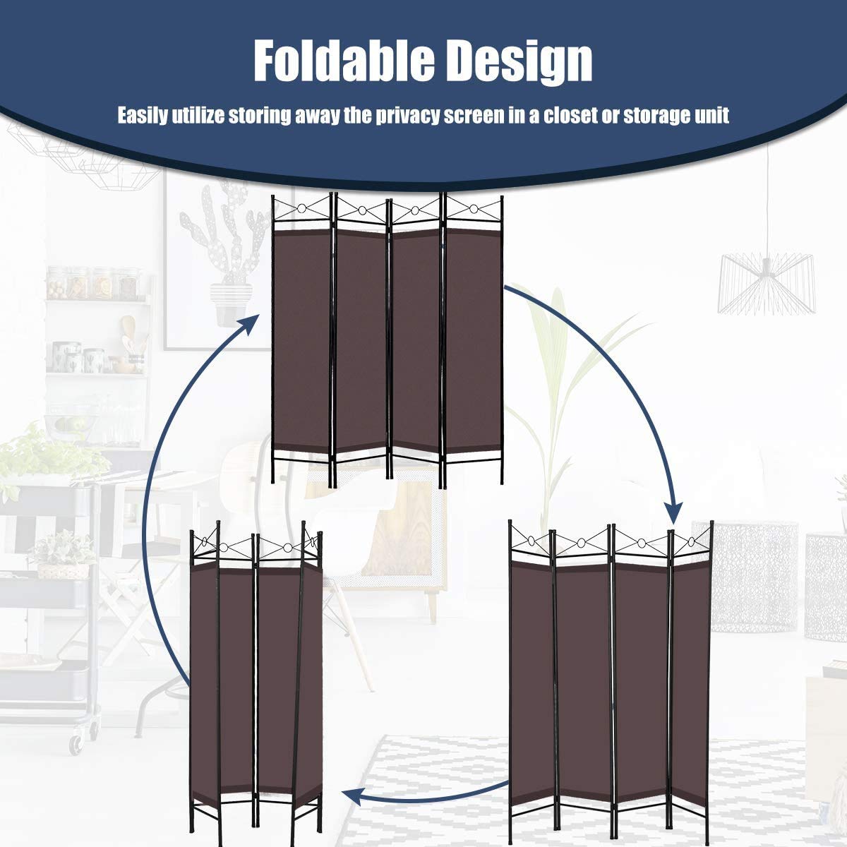 Squareful 4-Panel Room Divider, 6ft Folding Freestanding Screen w/Steel Frame & Fabric Surface, Portable Privacy Partition for Home Office, Brown