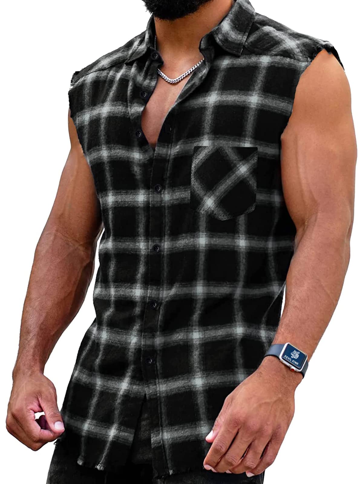 DEVIL KING Men's Sleeveless Flannel Plaid Shirts Lightweight Casual Button Down Vest Shirts