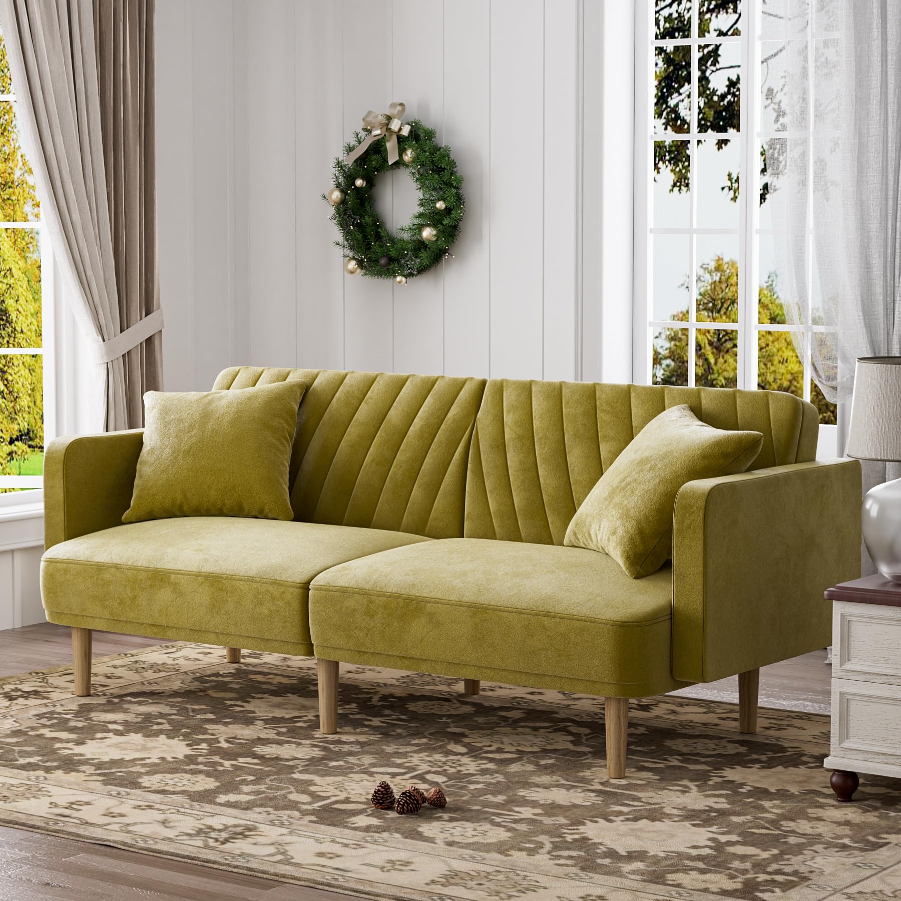 OUYESSIR Futon Sofa Bed, Convertible Sleeper Sofa with Wood Legs, 75.3β Splitback Sofa with 2 Pillows, Velvet Futon Couch for Living Room (Olive Green)
