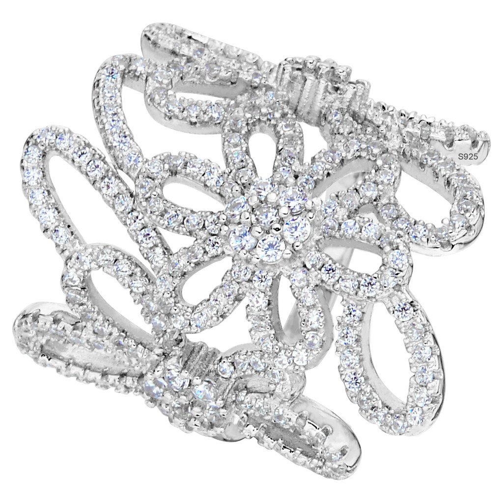 EVER FAITH Sterling Silver 925 CZ Art Deco Flower Finger Knuckle Cocktail Ring Clear - Size 7