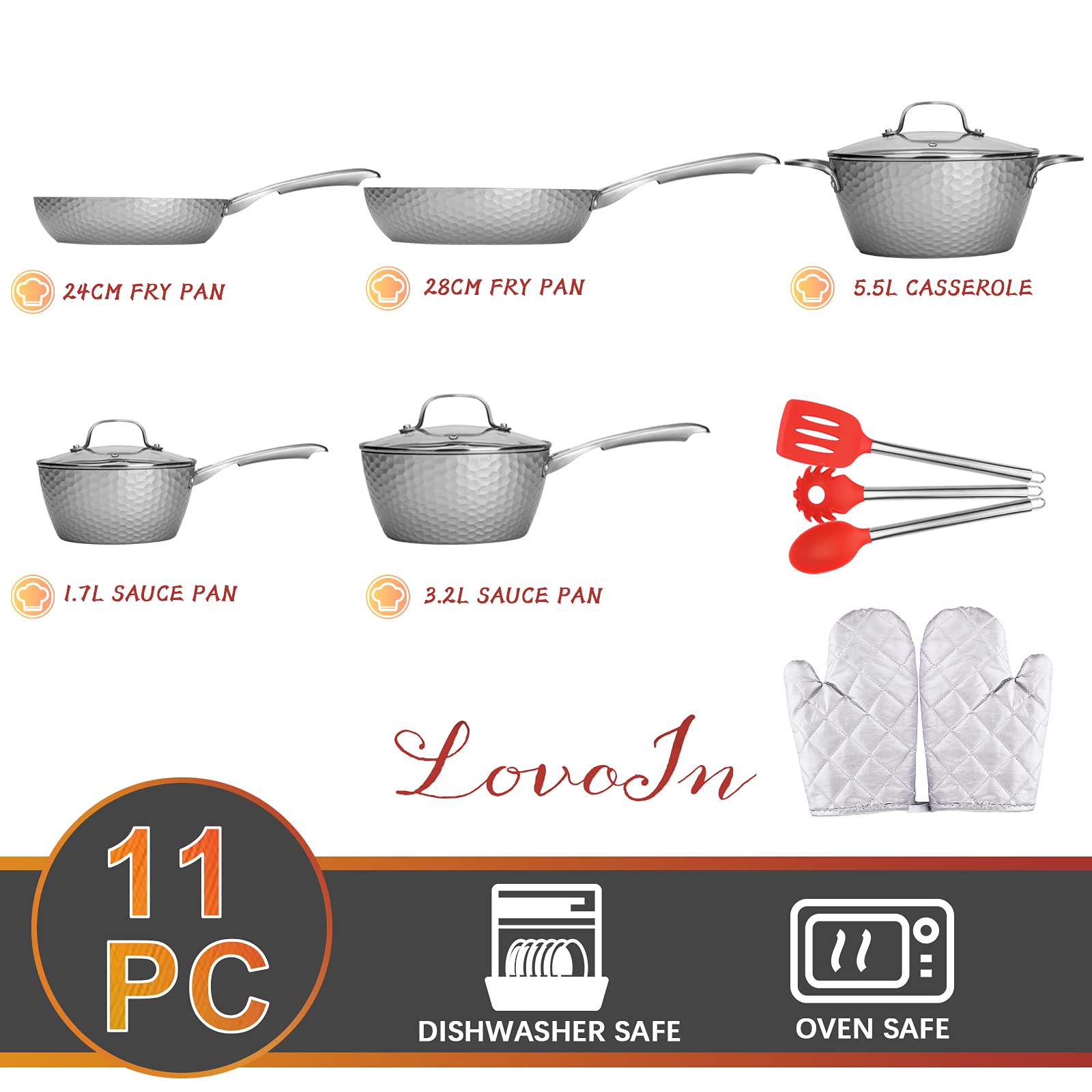FRUITEAM Nonstick Cookware Set 11-Piece Hammered Kitchen Ware Pots & Pans Set Induction Cooking Pots Even Heating Pans, Oven/Stovetop Safe for Family Meals, Grey