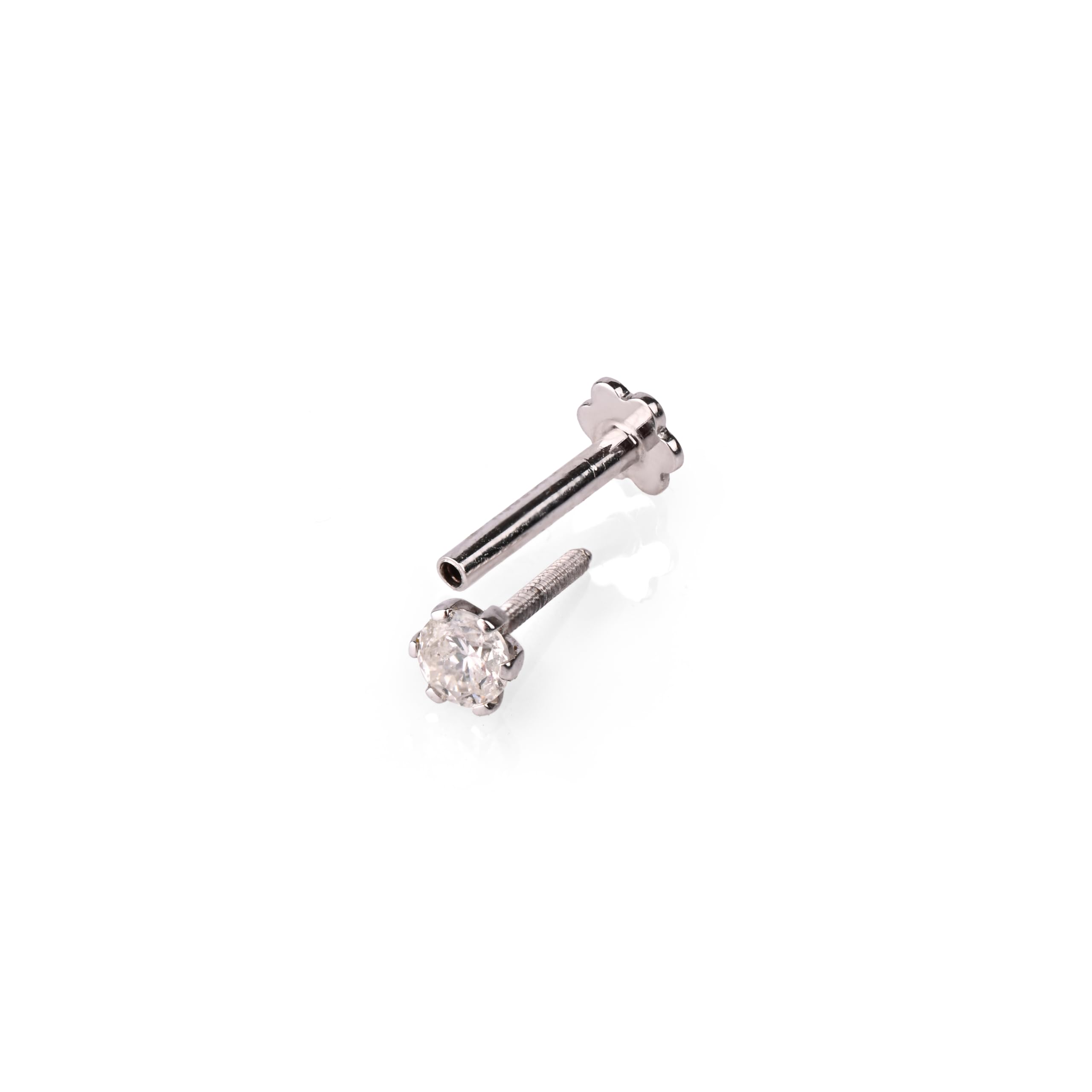 Demira Jewels 0.10 ct Real Diamond 14k White Gold Nose Stud Lip Labret Monroe Ring, 8 mm Long Internally Threaded Screw Post.