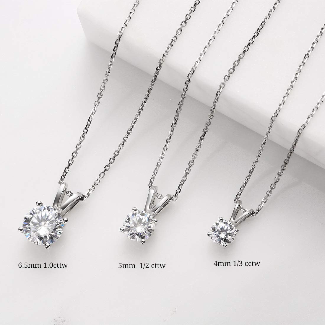 FANCIME 14k Solid White Gold Round 4 Prong 1 Carat Moissanite Simulated Diamond 6.5mm D-E Color VVS Clarity Pendant Necklace For Women, 16" + 2" Extender