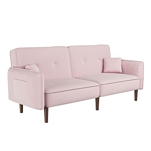 Sofa Bed, HABITTRIO 75" Modern Pink Fabric Upholstered 3-Seater Sleeper Couch with Adjustable Splict-Back Design, 2 Side Pockets, 2 Toss Pillows, Fit for Small Living Room, Apartment