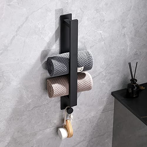 WOSOMOK Vertical Towel Bar for Bathroom with 3M Sticker 15.8 Inch SUS304 Stainless Steel Square Shower Bath Wall Hand Towel Holder Rack No Drilling Matte Black Towel Shelf Rack with Hook