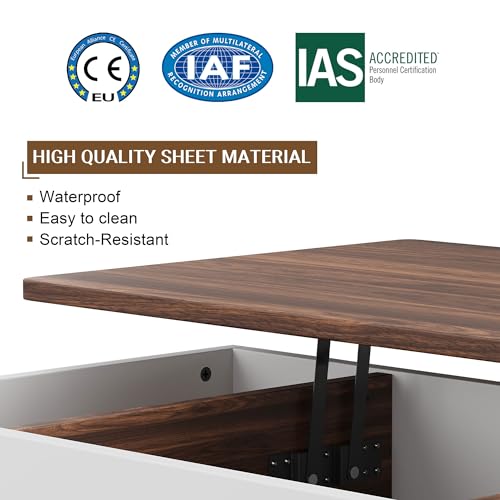 Shintenchi Coffee Table, Lift Top Coffee Table with Hidden Compartment, Rising Tabletop Dining Table, Lift Top Coffee Center Table for for Living Room, Office, Home (Walnut)