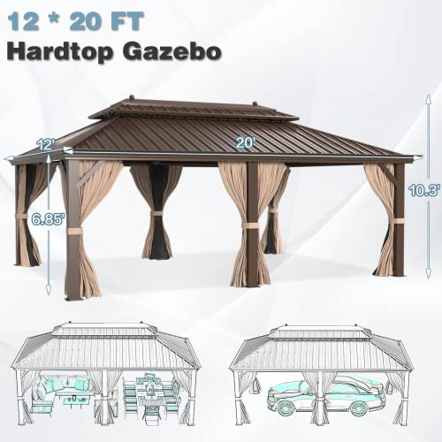 MELLCOM 12' x 20' Hardtop Gazebo,Galvanized Steel Metal Double Roof Aluminum Gazebo with Curtain and Netting,Brown Permanent Pavilion Frame for Patio, Lawn & Garden