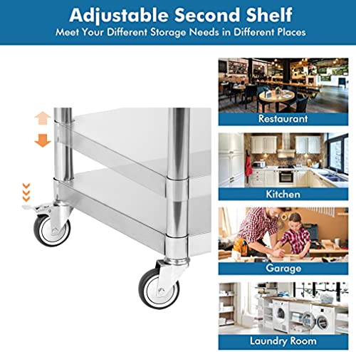 MYOYAY Stainless Steel Table for Prep & Work 24 x 24 x 36 Inches NSF Metal Commercial Table with Adjustable Under Shelf Heavy Duty Work Table with Wheels for Restaurant, Home and Hotel