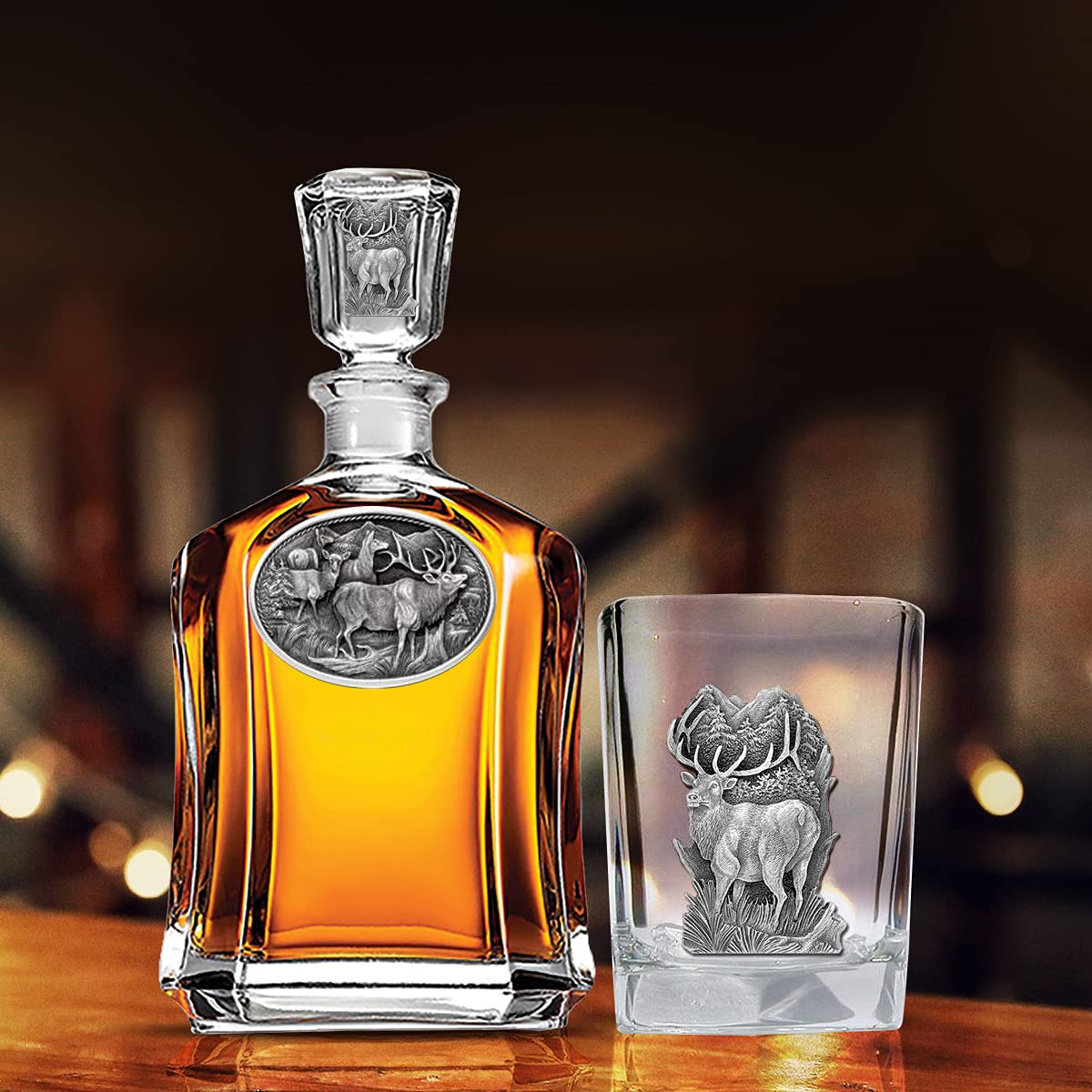 Heritage Pewter Elk Square Shot Glass | Hand-Sculpted 1.5 Ounce Shot Glass | Intricately Crafted Metal Pewter Elk Inlay
