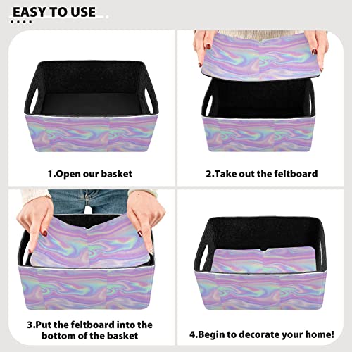 Oyihfvs Iridescent Liquid Abstract Art Rainbow Pink Turquoise Marble 2 PCs Rectangle Foldable Felt Storage Bin, Collapsible Cube with Handles Thick Fabric Box Organizer Clothes Supplies for Home