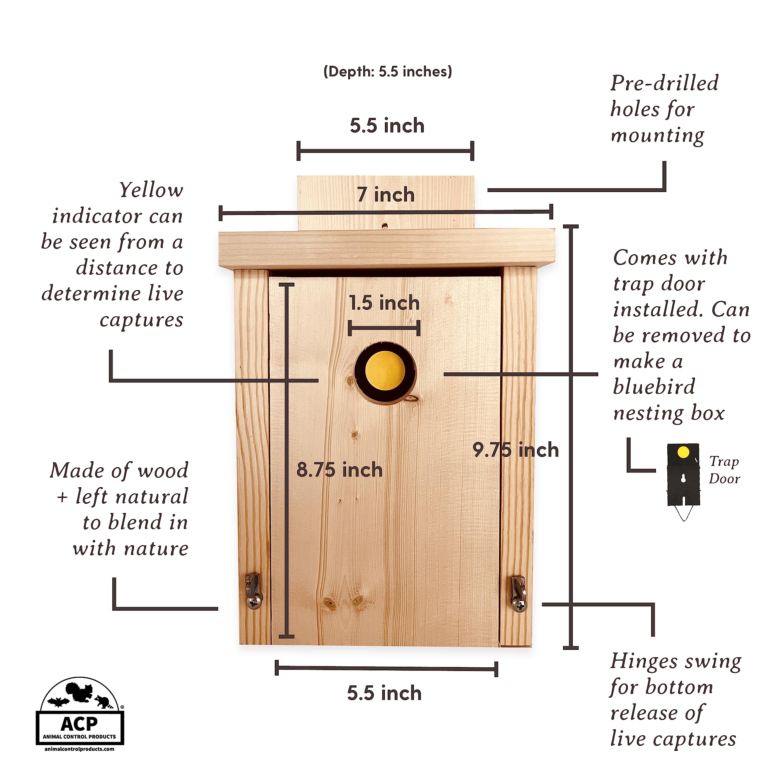 Sparrow Birdhouse Trap 1.5" Bird Hole w/Trap Door | Highly Effective & Easy to Use | Catch and Release Problem Sparrows Small Woodpeckers Wrens & Small Little Annoying Grey Brown Birds Species