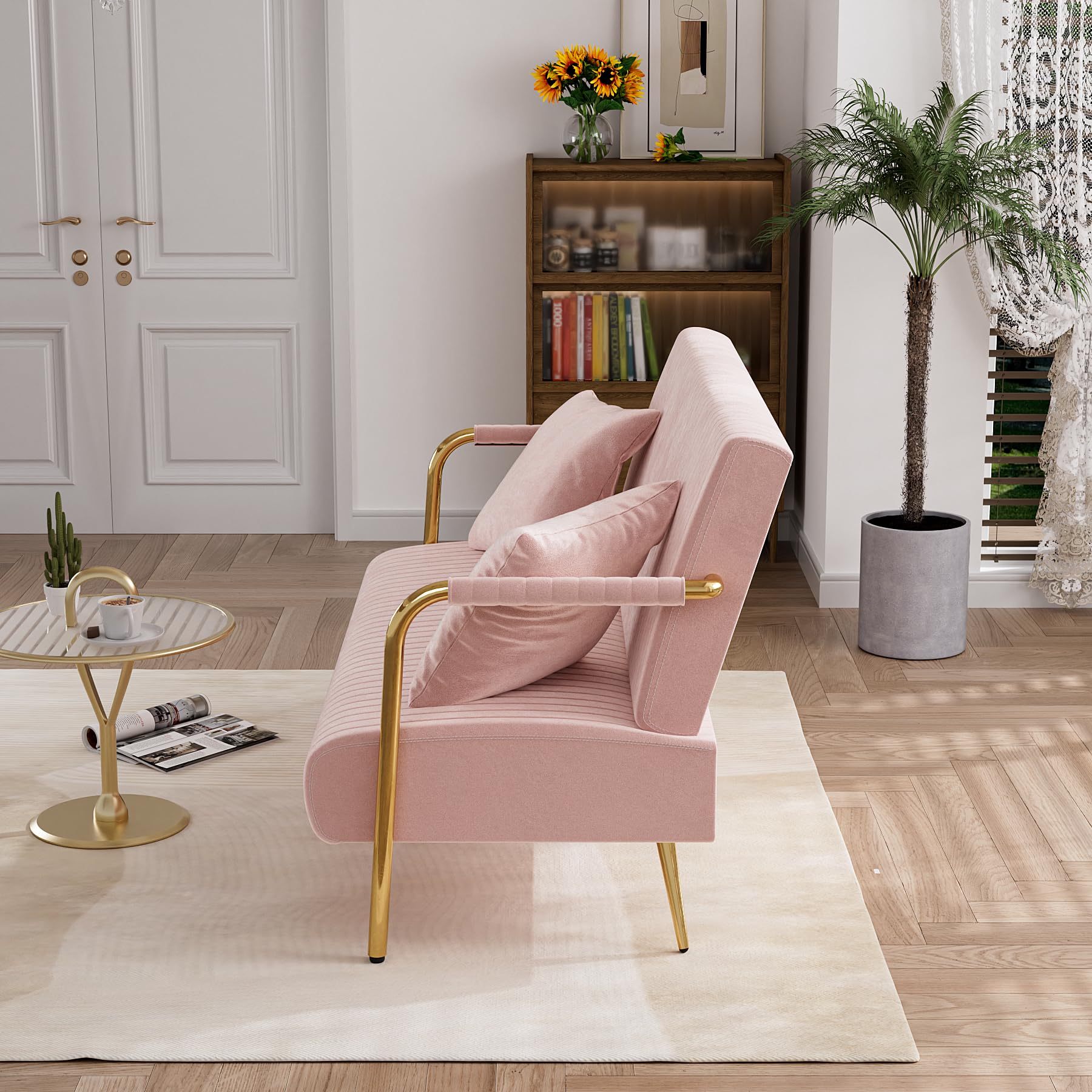 OUYESSIR Loveseat Small Sofa Couch, 59" Love Seat Settee 2 Seater Upholstered Sofa with 2 Pillows for Small Space Living Room Office Apartment (Pink, Velvet)