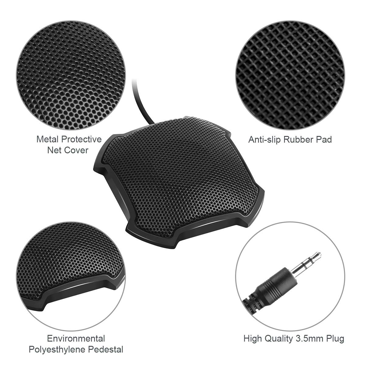 DricRoda Boundary Omnidirectional Condenser Microphone, 3.5mm Plug Stereo Desktop Mic Surface Mounted Mic for Teleconferencing, Meetings, Desktop Computer Use - Cord: 4.6ft, Size: 2 x 2 x 1 inch