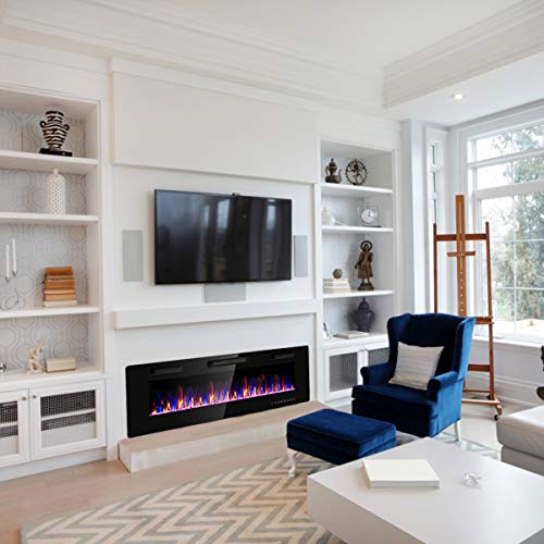 Tangkula 60 Inches Recessed Electric Fireplace, in-Wall & Wall Mounted Electric Heater with Adjustable Flame Color & Speed, Remote Control, Touch Screen, 750-1500W (60 Inches)