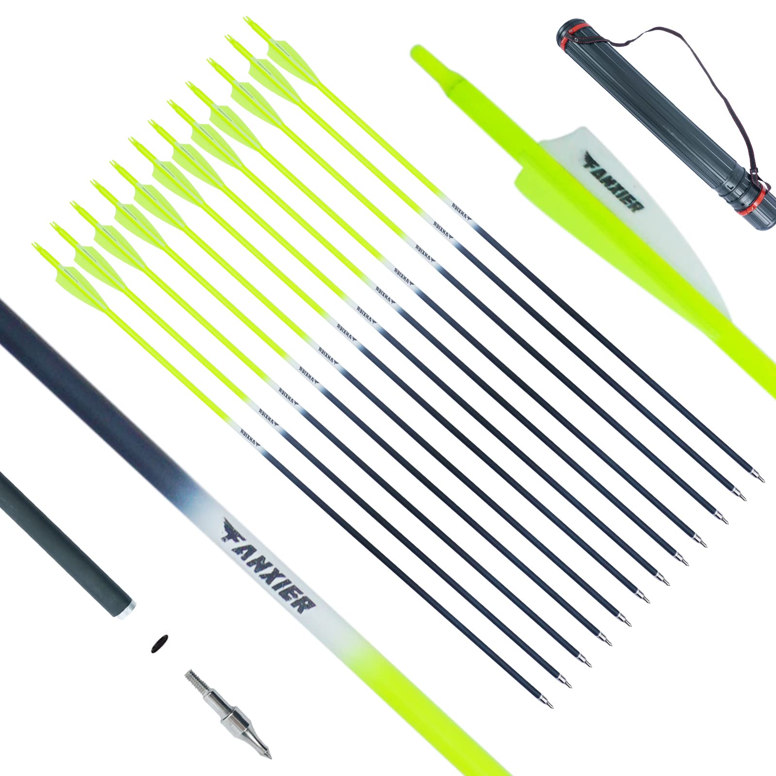Fanxier 30-Inch Carbon Arrow Hunting Target Practice Arrow,with Quiver, Detachable Tip, Suitable for Compound Bow & Recurve Bows (12 Pcs Arrow + Quiver)