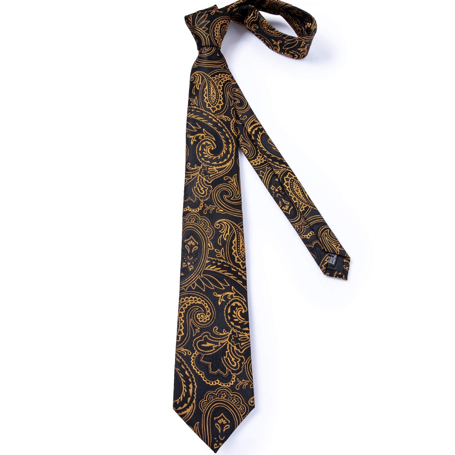 DiBanGu Mens Tie Set Silk Solid Paisley Necktie and Pocket Square Cufflinks Classic Formal Ties for Men Wedding Party, Black and Gold