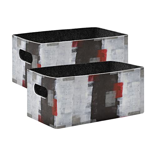 Oyihfvs Red Grey Black Abstract Art Painting Vintage Retro Style 2 PCs Rectangle Foldable Felt Storage Bin, Collapsible Cube with Handles Thick Fabric Box Organizer Clothes Supplies for Home