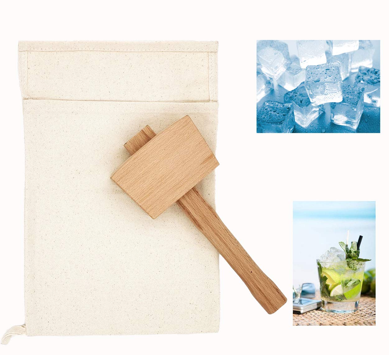 Ice Mallet with 2 Lewis Bag Kit,Manual Ice Crusher Wooden Hammer Canvas Crushing Bag Crushed Ice Bar Cocktails Bartender & Kitchen Tools Kit