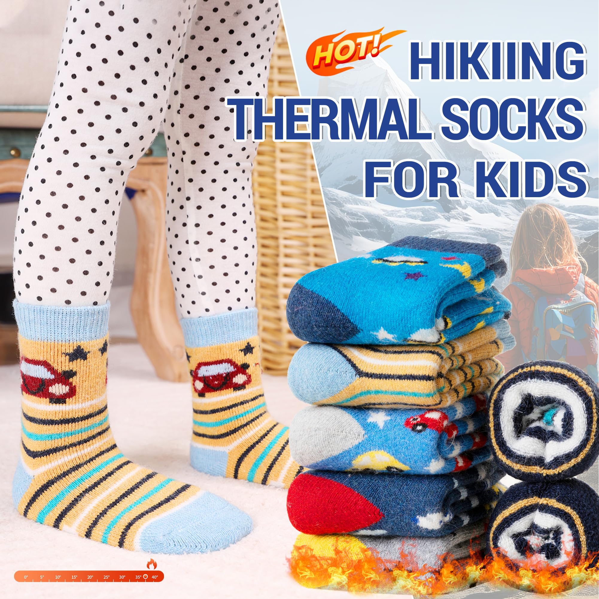 Eocom 6 Pairs Children's Winter Warm Wool Animal Crew Socks Kids Boys Girls Socks (Car, 1-3T)