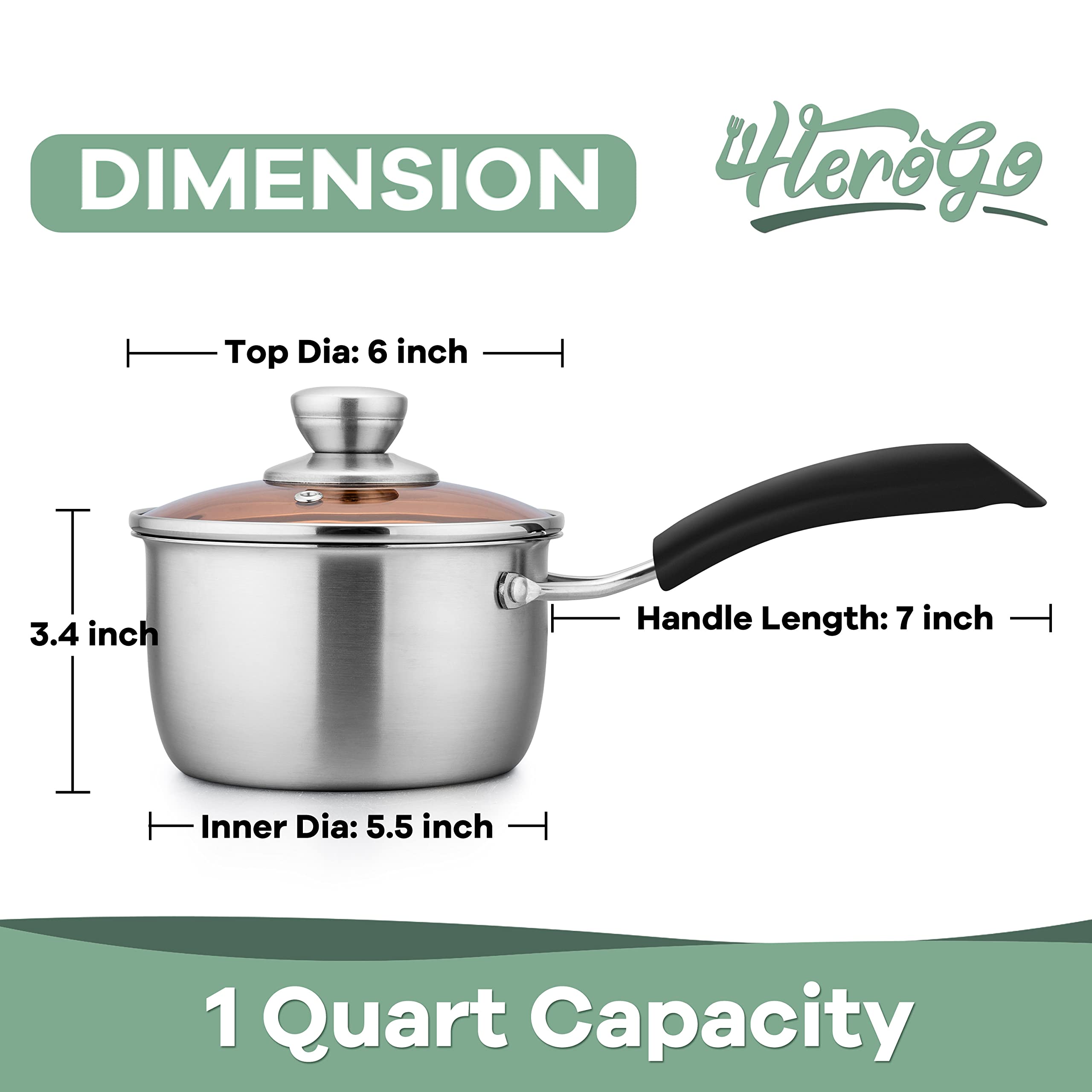 Herogo 1 Quart Saucepan with Lid, 18/10 Stainless Steel Nonstick Small Sauce Pan Pot, 1Qt Saucepan for Gas Electric Stove Top Camping, Healthy & Rust Free
