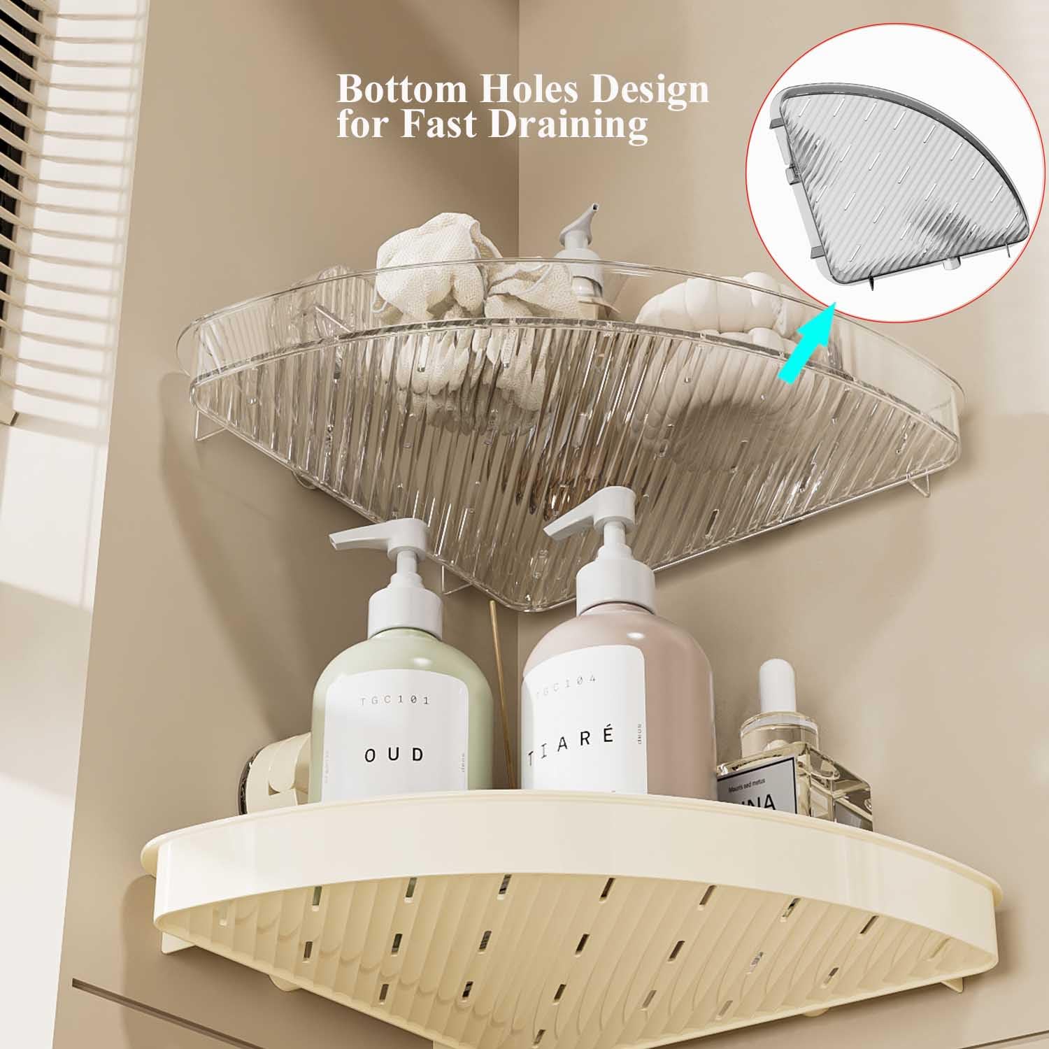 Shower Caddy, Suction Cup Shower Organizer Bathroom Removable Shower Basket Strong Suction Shower Shelf Shower Rack, Clear White Corner