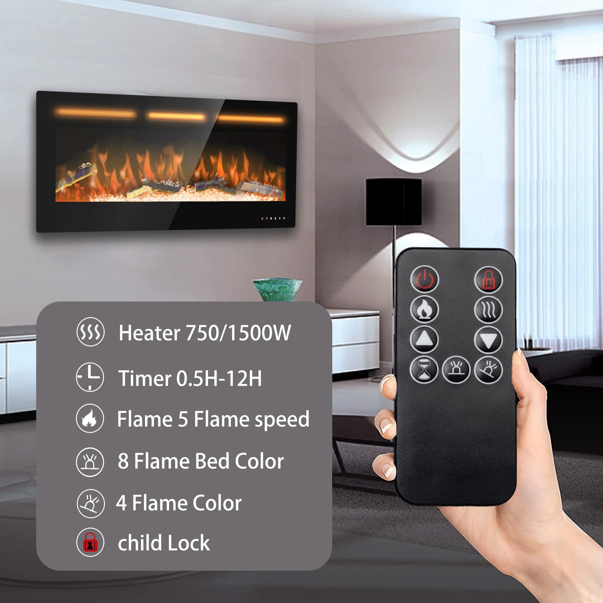 Electric Fireplace Heater, 50 Inch Wall Mounted & 3.9 Inch Ultra Thin Fireplace Insert, Timable Remote Control, Touch Screen, Child Lock, 32 Color Combinations, Black
