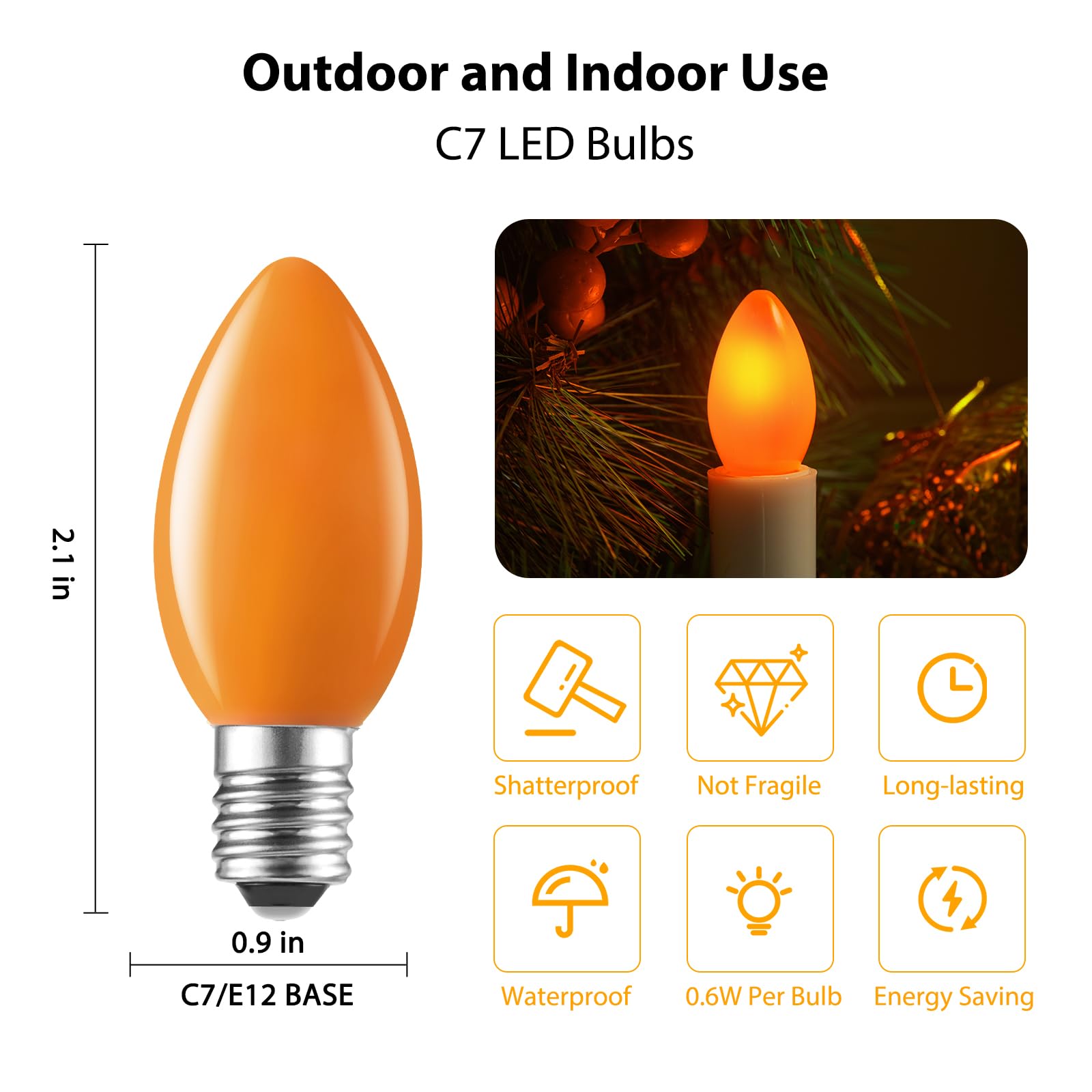 Minetom 25 Pack C7 Led Christmas Lights Bulb Replacement Light Bulbs Orange Commercial Light Bulbs,C7/E12 Candelabra Base Fits C7 Christmas Halloween Indoor Outdoor String Lights