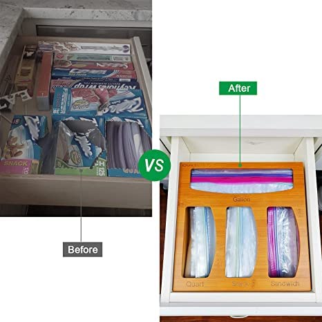 HMNL INC HOME Ziplock Bag Storage Organizer for Cabinet Drawer, Baggie Organizer Box and Ziploc Bag Organizer, Hefty For Ziploc, Gallon, Quart, Sandwich & Snack Variety Size Bags