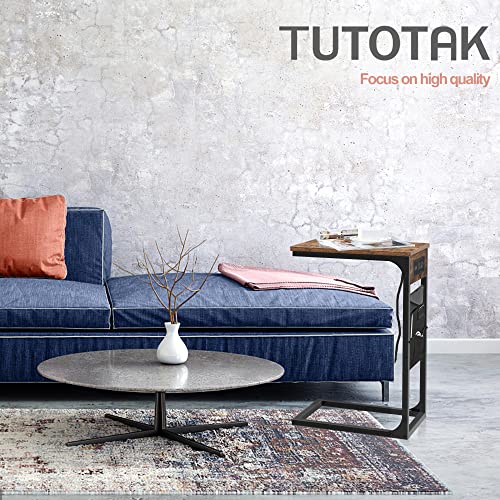 Snack Side Table, C Shaped End Table with Charging Station & USB Ports, Couch Table with Cloth Bag, Tv Tray, Small Bedside Table for Living Room, Bedroom