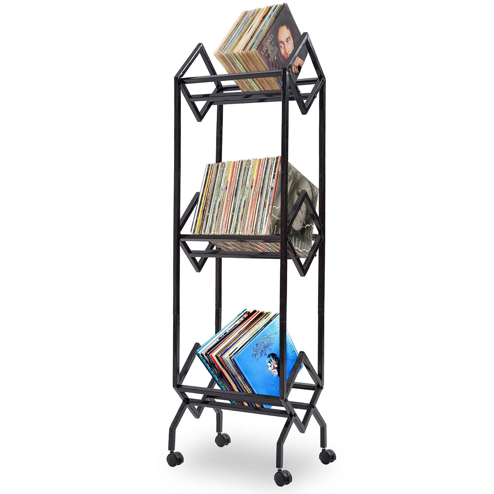 ERFEI Vinyl Record Storage Rack 3 Tier Vinyl Holder Multipurpose Book Magazine Files Display Stand with Casters for Bedroom Living Room Office
