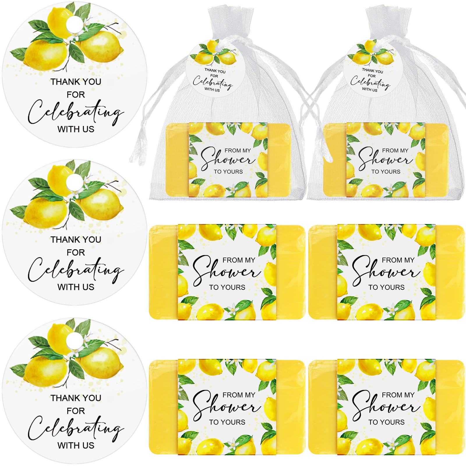 Queekay 48 Sets Bridal Shower Favors Mini Scented Soap Baby Shower Party Favors for Guests with Thank You Tags and Organza Bags for Girl Boy(Lemon)