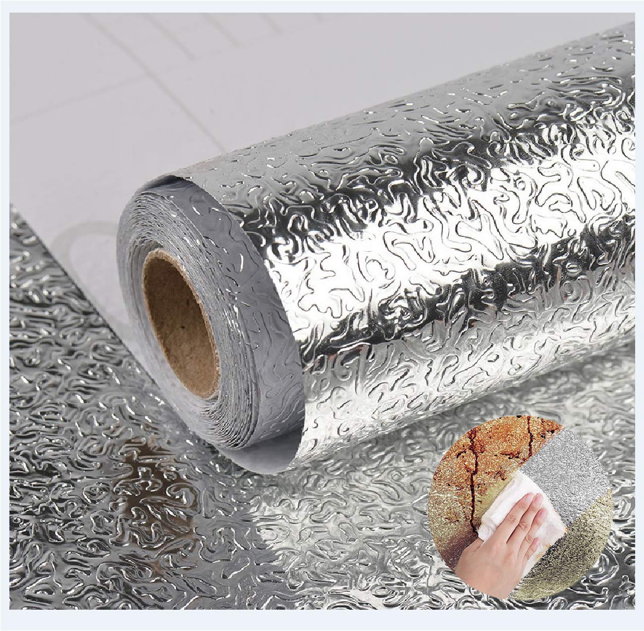 Feisoon 15.7"x78.7" Silver Kitchen Backsplash Contact Paper Silver Peel and Stick Wallpaper Kitchen Waterproof Contact Paper Self Adhesive Aluminum Foil Wallpaper for Countertop Drawer Shelf Liner