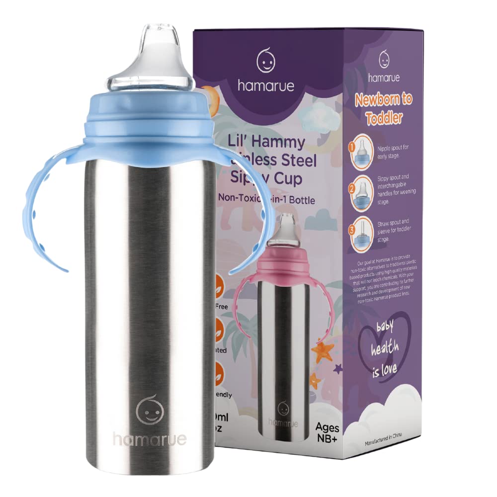 Hamarue 3-in-1 Stainless Steel Sippy Cups for Toddlers | Non-Toxic Insulated Stainless Steel Baby Bottle | Straw Cup With Removeable Handles | Plastic Free Liquid Transfer (8 oz, Bluel)