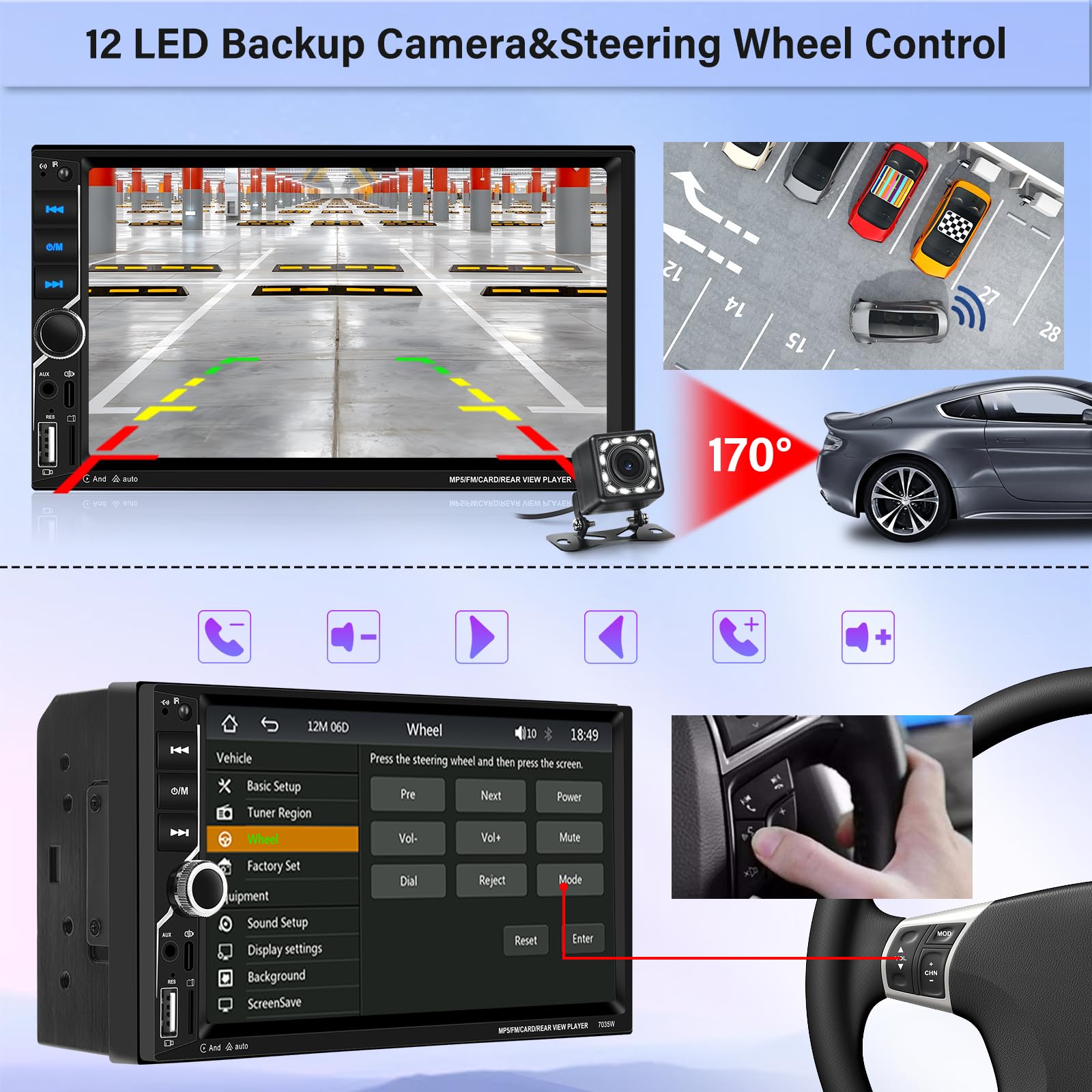 Double Din Car Stereo with Wireless Apple Carplay&Android Auto,7 Inch Touch Screen Car Radio with Bluetooth FM Radio Mirror Link EQ AUX/USB/TF Car Multimedia Player+ Backup Camera&External Microphone