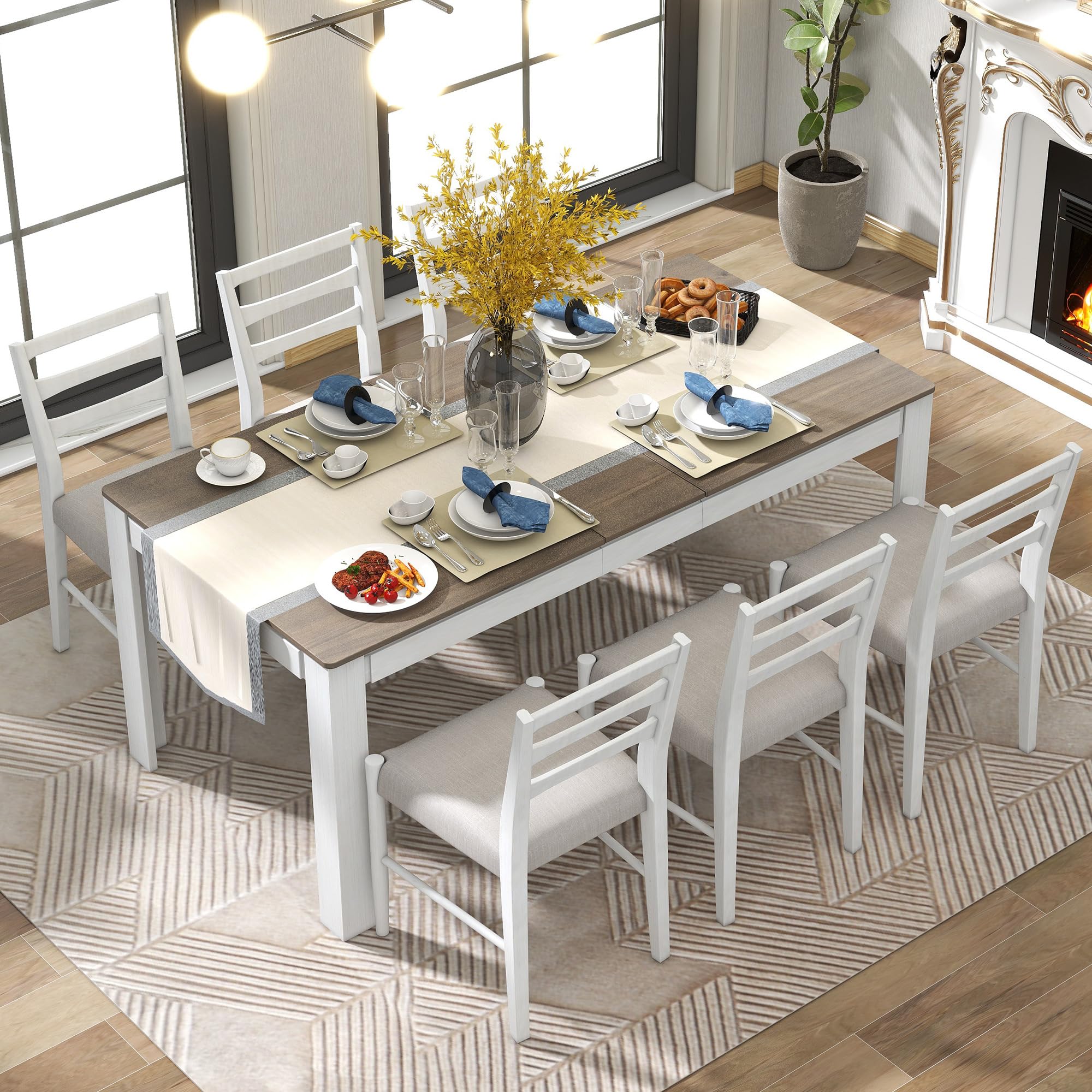 LostCat 71.5 Inch Dining Table Set for 6, 7-Piece Wooden Extendable Table with 12" Leaf and 2 Drawers, 6 Dining Chairs with Soft Cushion for Dining Room, Living Room, Antique White+Brown