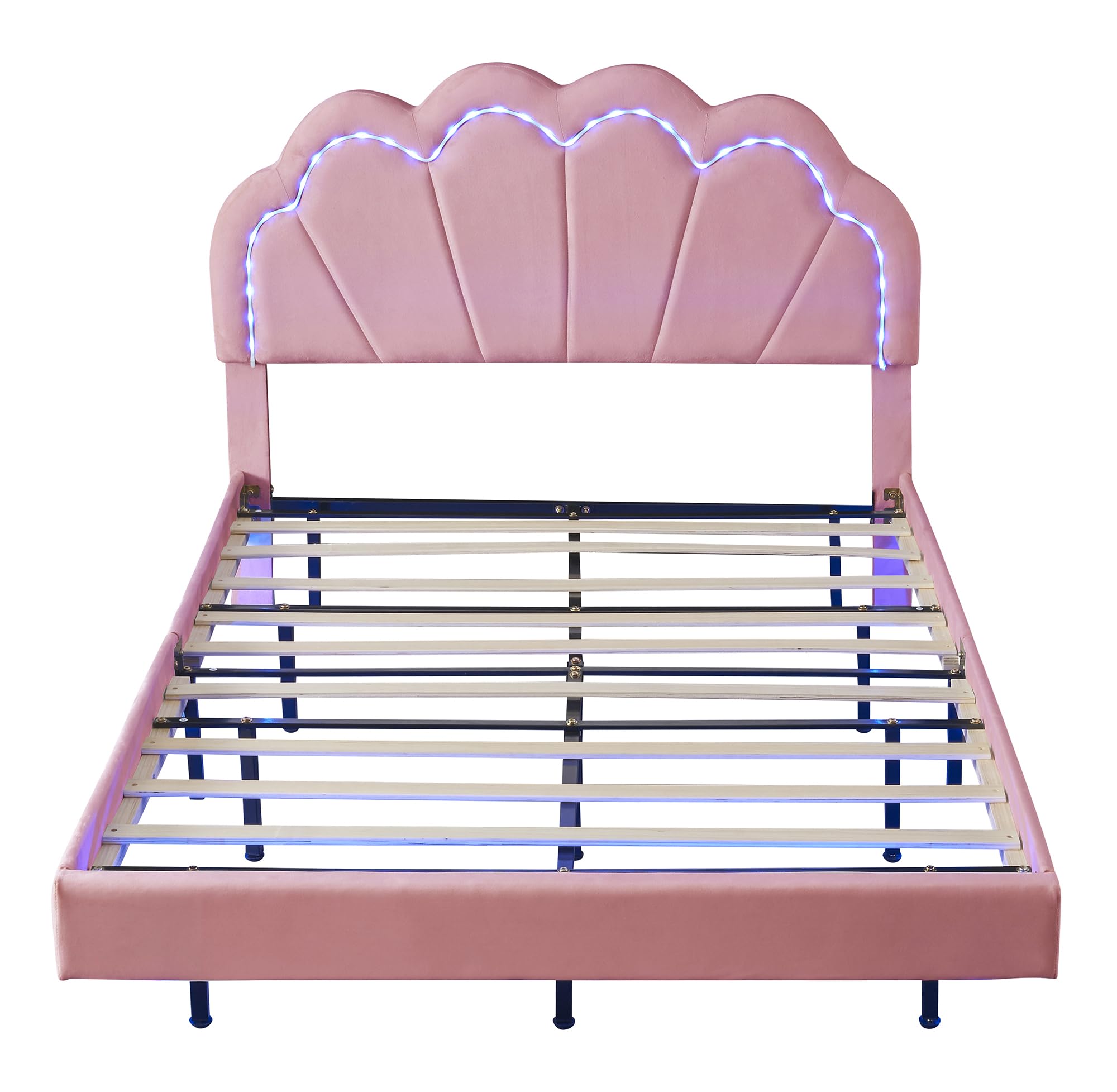 Merax Luxury Full Bed Frame, Upholstered Platform Bed with Velvet Headboard and Led Light/Mattress Foundation/Easy Assembly, Pink