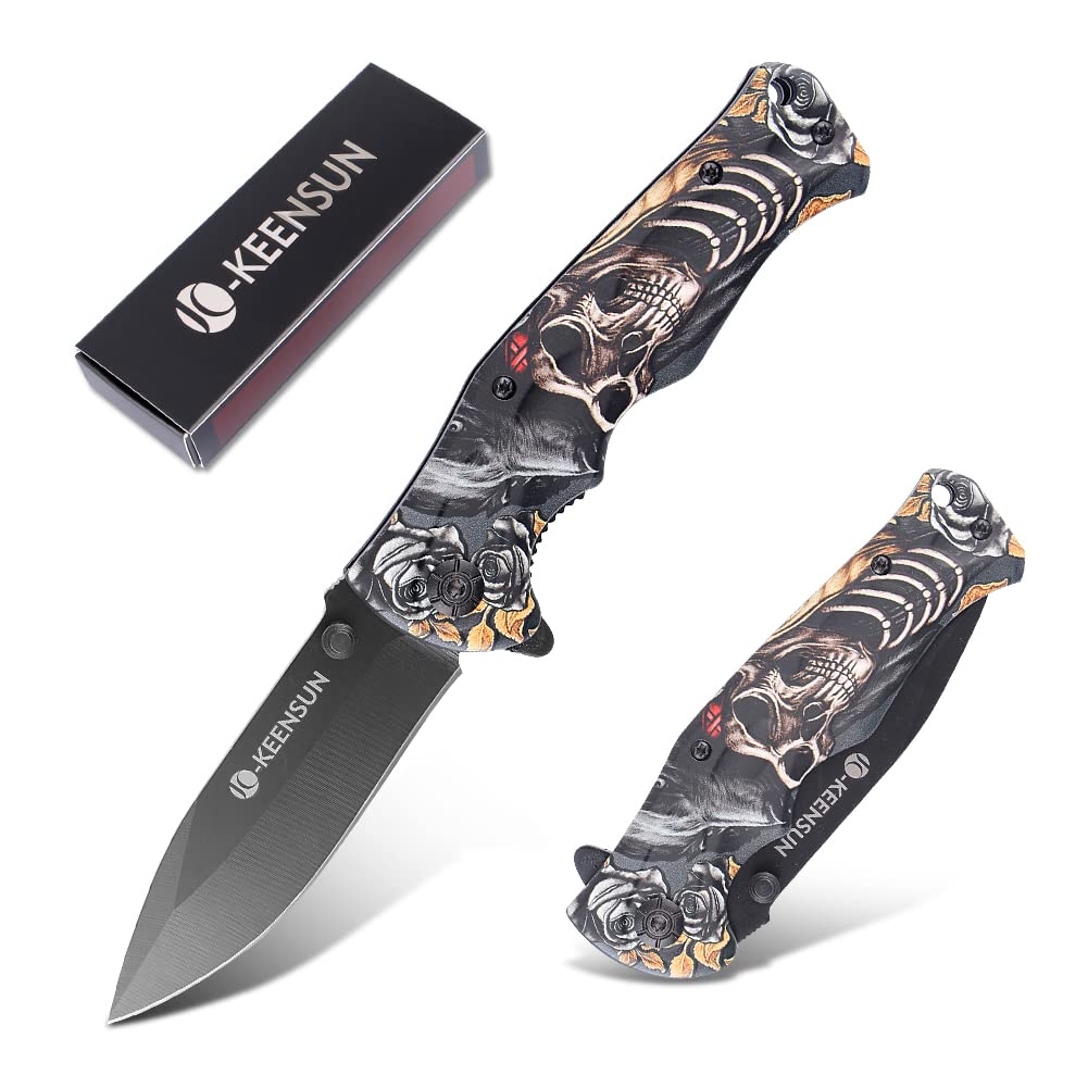 KEENSUN Pocket Folding Knife –Tactical Knife,Hunting Knife,Flipper Knife,EDC Knife.Speed Safe Spring Assisted Opening Knifes with Liner Lock,Thumb stud and Pocketclip.Good for Camping,Hiking,Indoor and Outdoor Activities,Skeleton King 3D Printing patterns