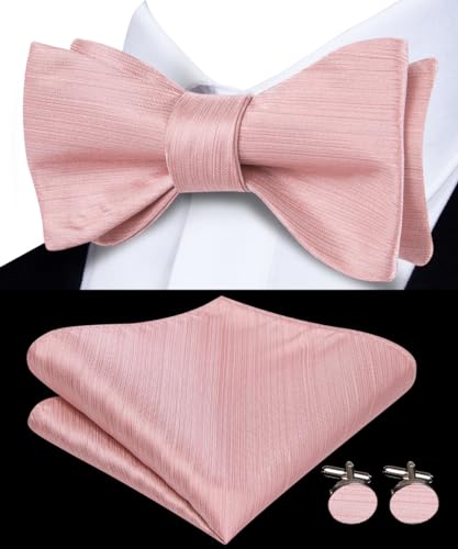 Dubulle Self Tie Bow Ties and Lapel Pin for Men Paisley Solid Mens Bowtie and Handkerchief Cufflinks Set Wedding,Blush Rose Gold