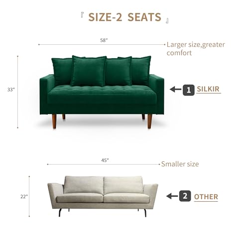 SILKIR Mid-Century Modern Small Spaces Comfy Velvet Living Room,Office,and Apartment,Loveseat Couch Sofas, 58 Inch, Green