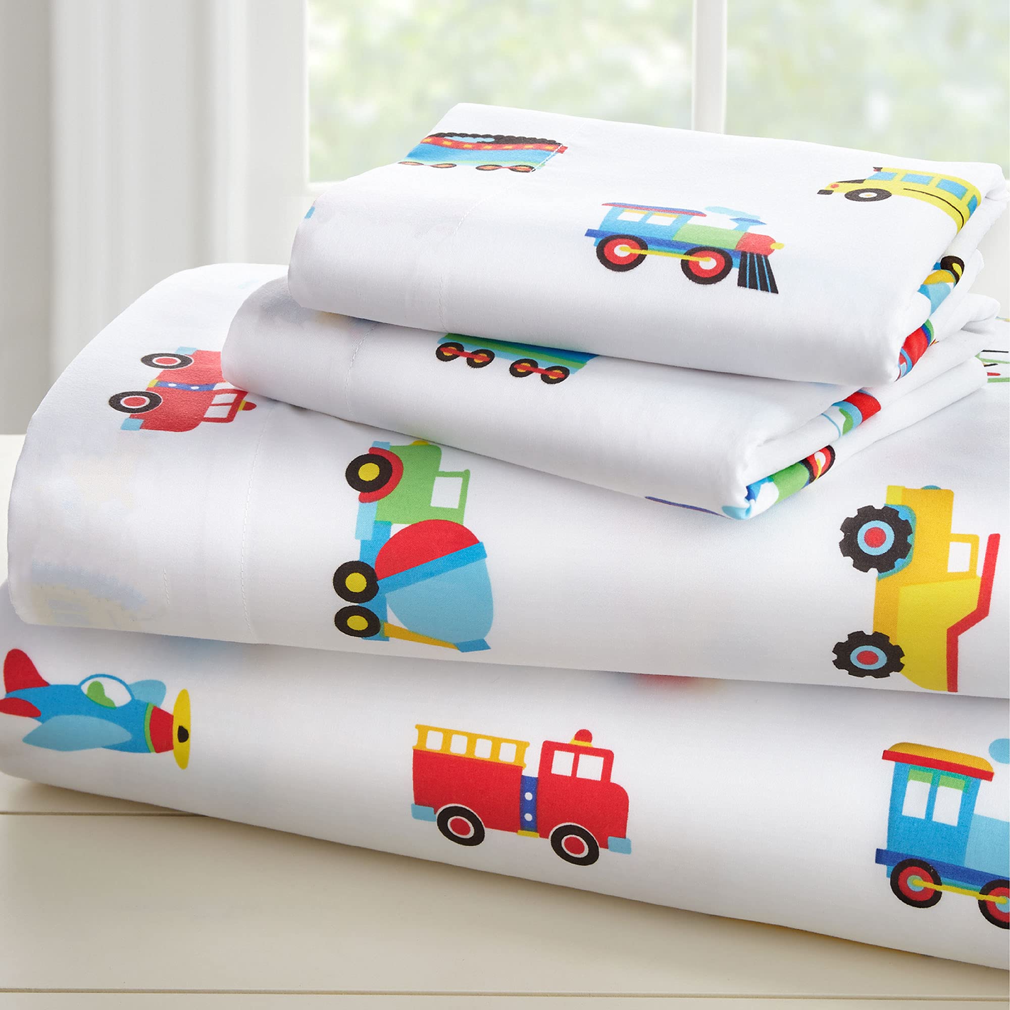 Wildkin Kids 5 Pc Twin Bed In A Bag for Boys and Girls, Microfiber Bedding Set Includes Comforter, Flat Sheet, Fitted Sheet, One Pillow Case and One Sham (Trains, Planes, and Trucks)