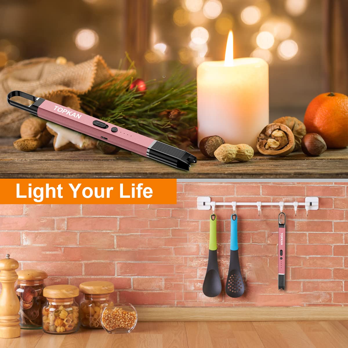 Electric Lighter, Candle Lighter, Windproof USB Rechargeable Electronic Plasma Arc Lighter with Safety Lock, Battery Indicator, Long Lighter for Candle, Camping, BBQ, Grill, Fireplace (Rose)